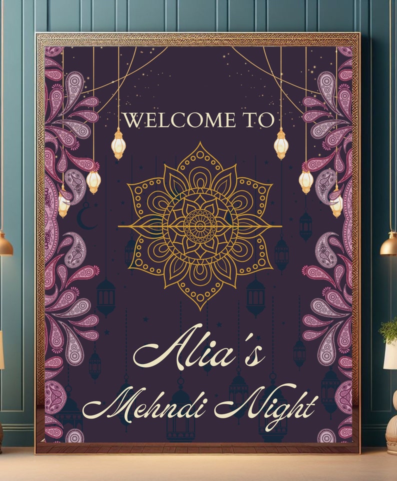 Purple and Floral Mehndi Welcome Sign, Mehndi Decor, Sangeet Welcome ...