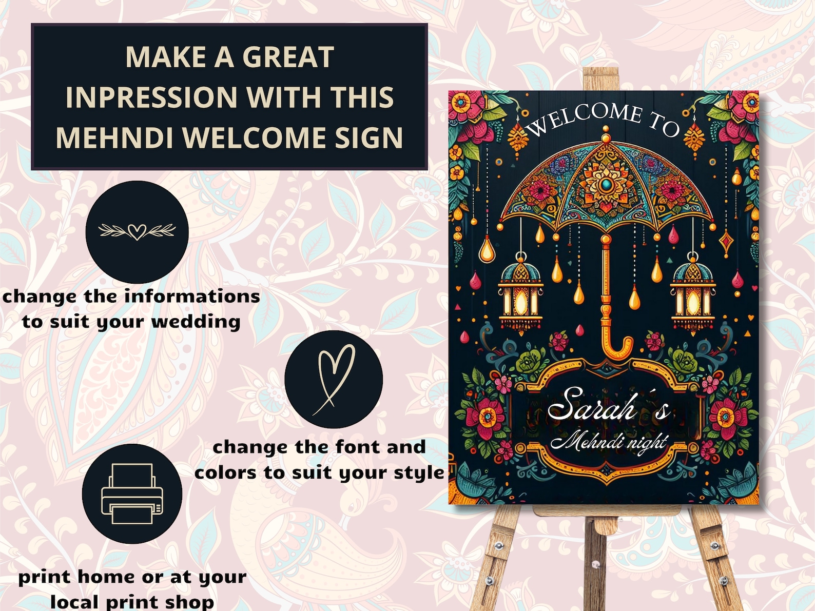 Floral Mehndi Welcome Sign, Umbrella and Lanterns as Mehndi Decor ...