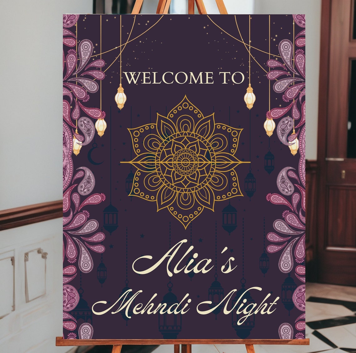 Purple and Floral Mehndi Welcome Sign, Mehndi Decor, Sangeet Welcome ...