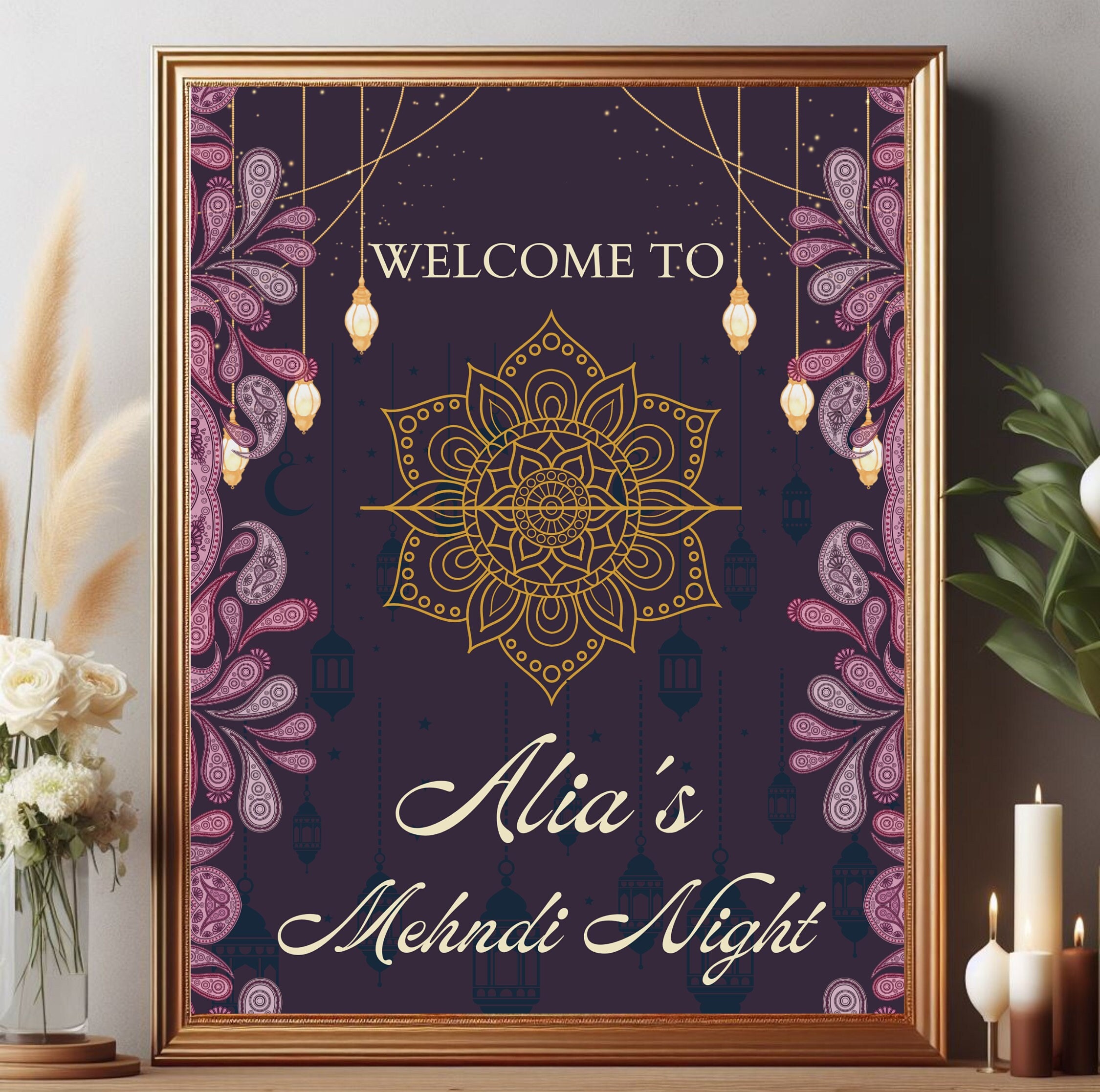 Purple and Floral Mehndi Welcome Sign, Mehndi Decor, Sangeet Welcome ...