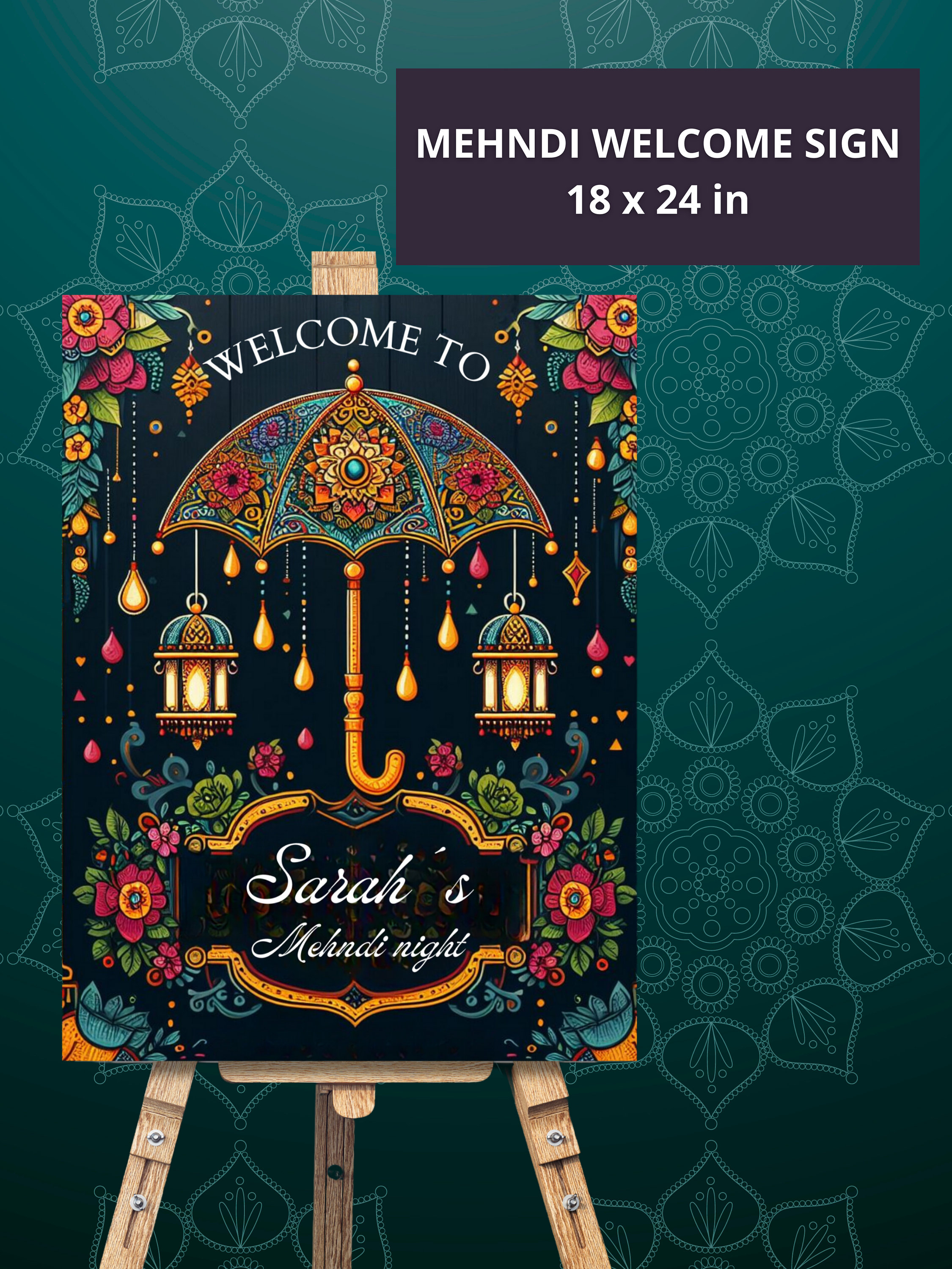 Floral Mehndi Welcome Sign, Umbrella and Lanterns as Mehndi Decor ...
