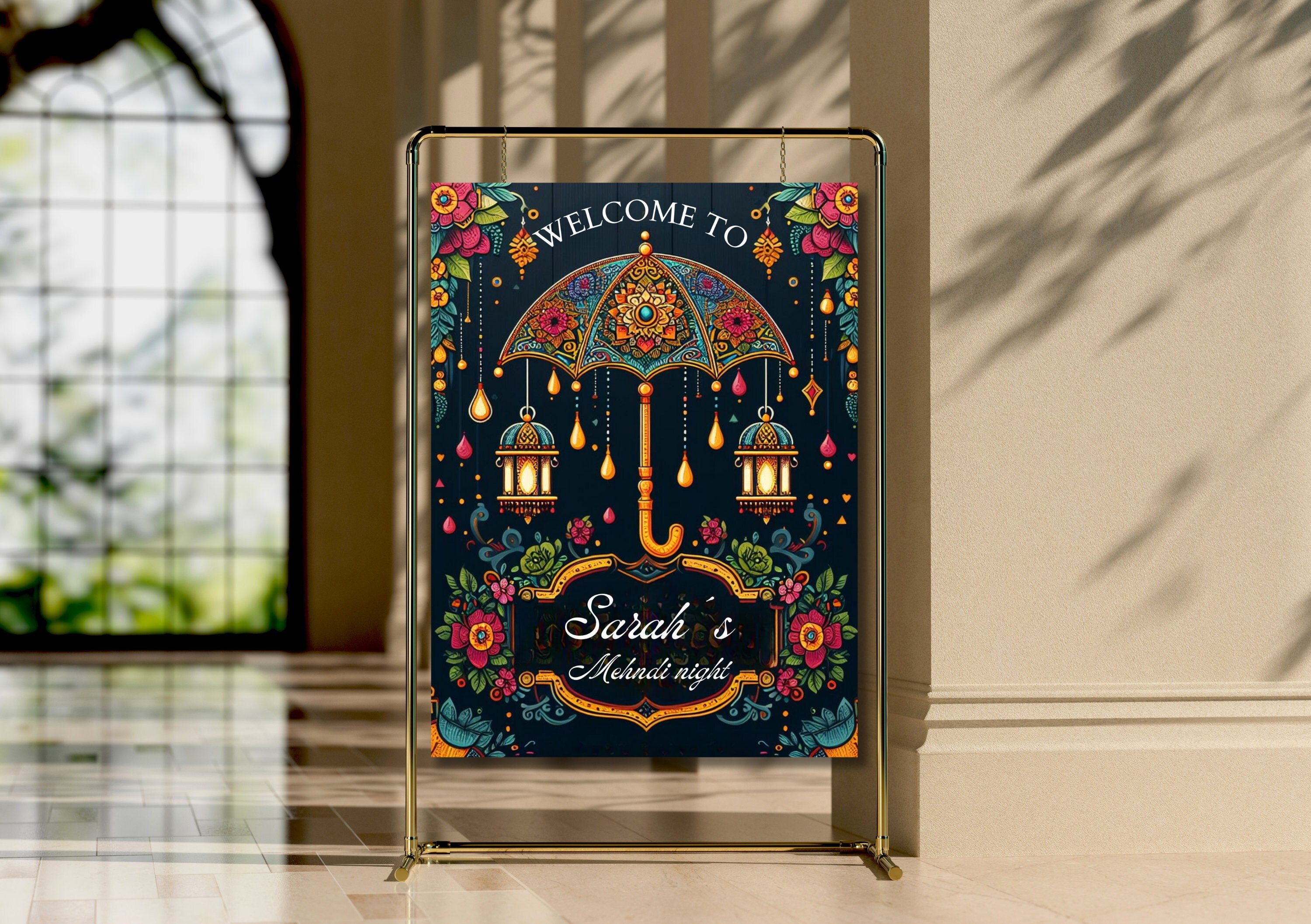 Floral Mehndi Welcome Sign, Umbrella and Lanterns as Mehndi Decor ...