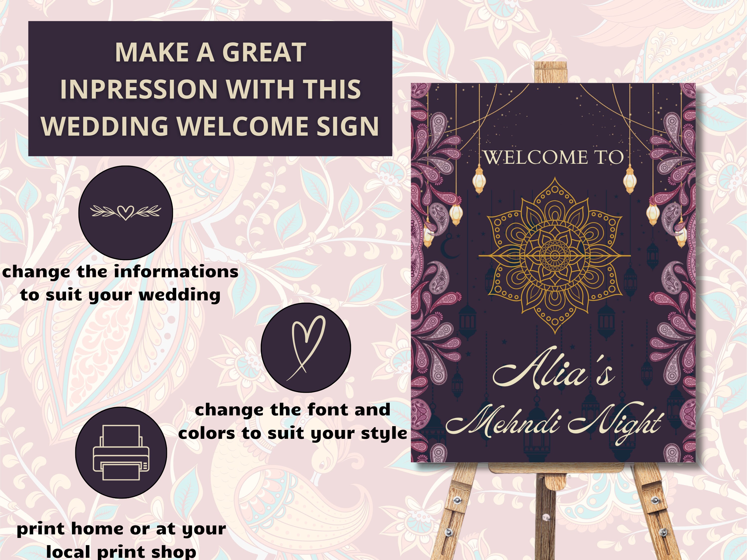 Purple and Floral Mehndi Welcome Sign, Mehndi Decor, Sangeet Welcome ...