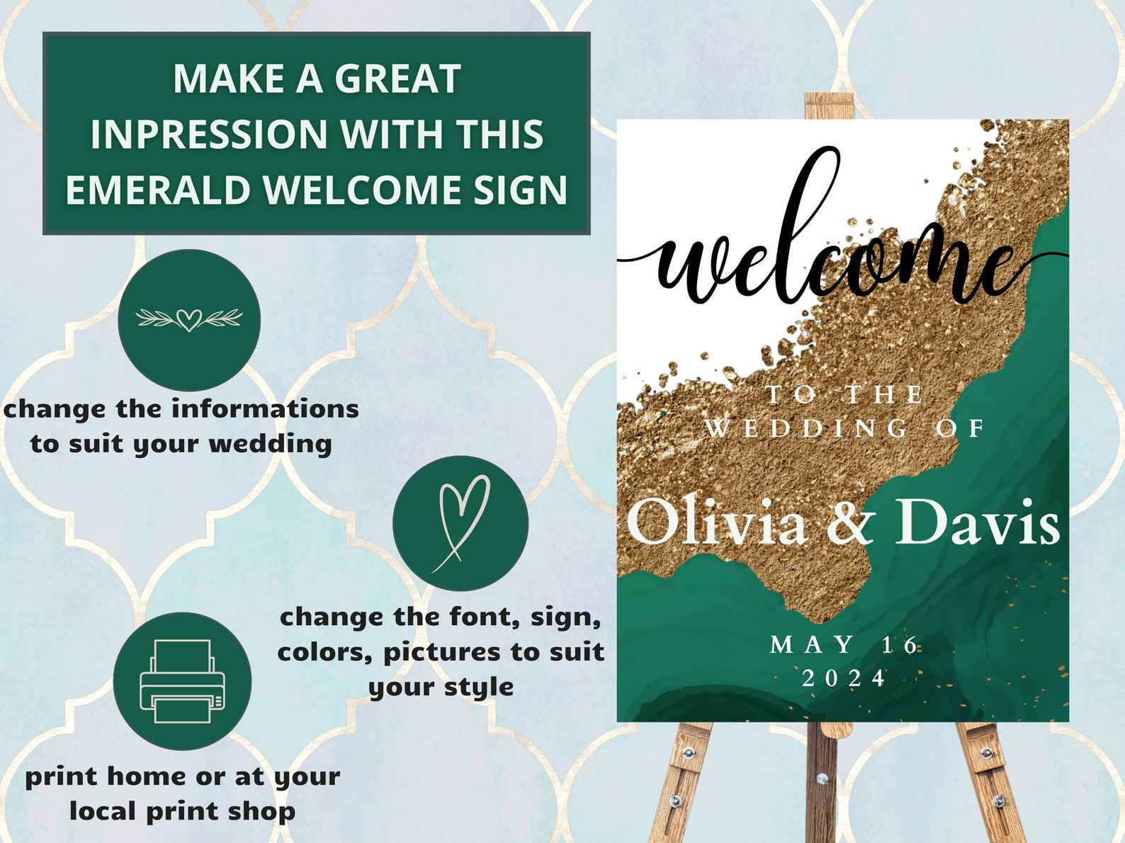 Emerald Wedding Welcome Sign, Emerald Green and Gold Banner, Welcome to ...