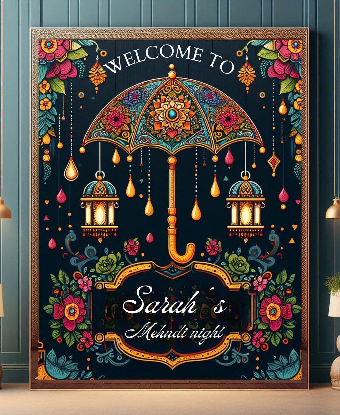 Floral Mehndi Welcome Sign, Umbrella and Lanterns as Mehndi Decor ...