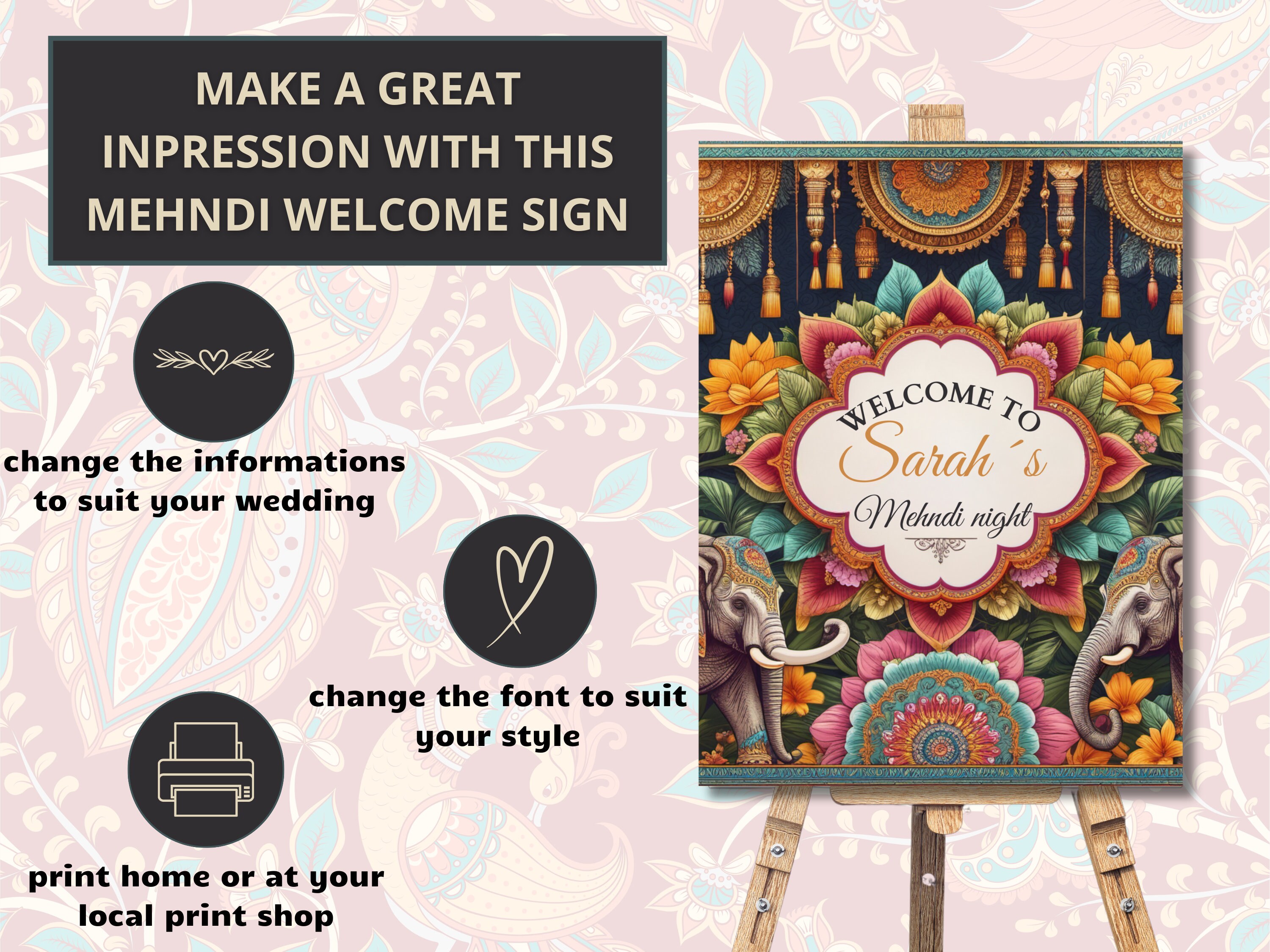 Floral Mehndi Welcome Sign Sangeet Welcome Sign Wedding Ceremony Mehndi ...