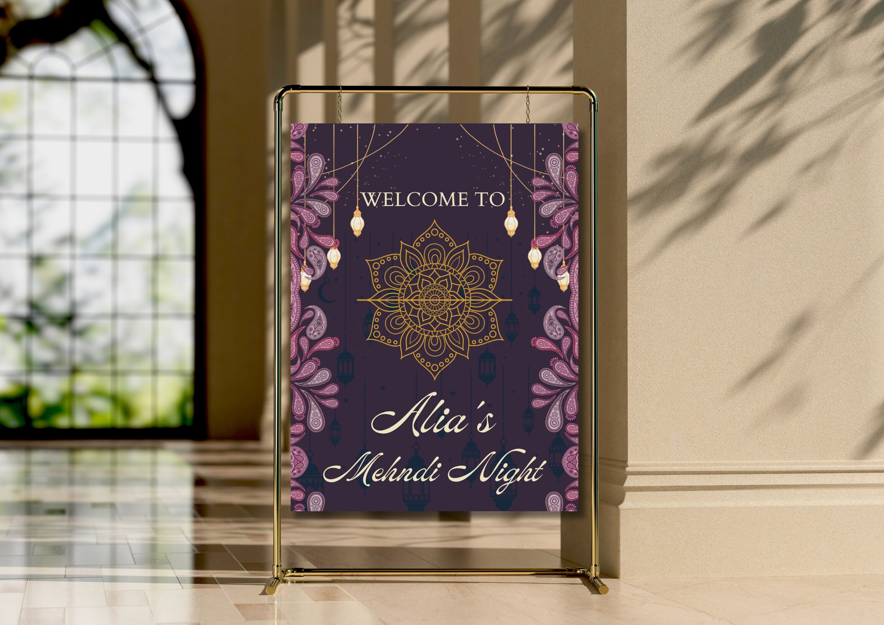 Purple and Floral Mehndi Welcome Sign, Mehndi Decor, Sangeet Welcome ...