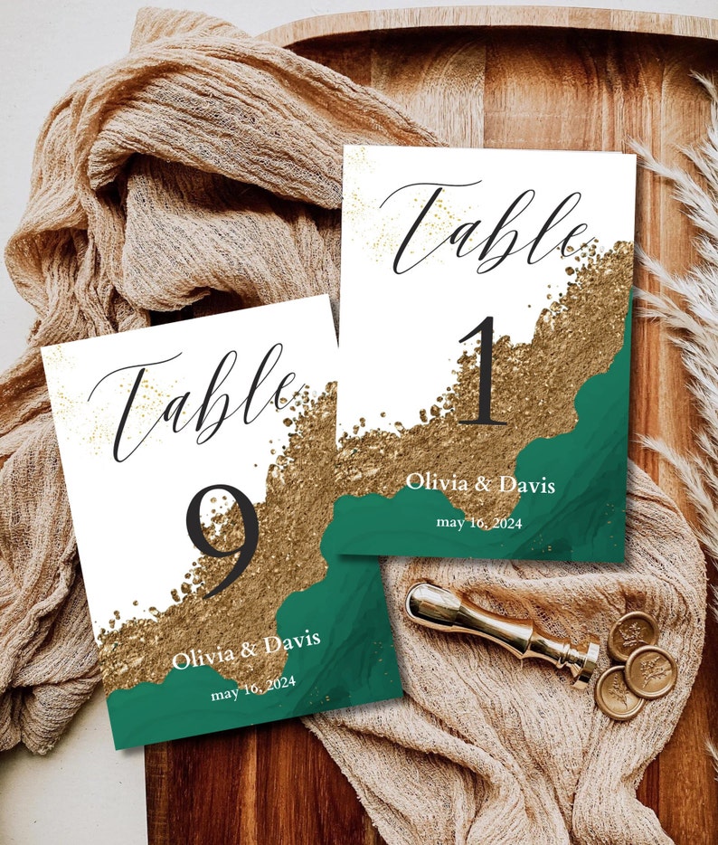 Emerald and Gold Wedding Table Number Cards, Printed Table Number Signs ...