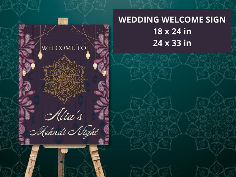 Purple and Floral Mehndi Welcome Sign, Mehndi Decor, Sangeet Welcome ...