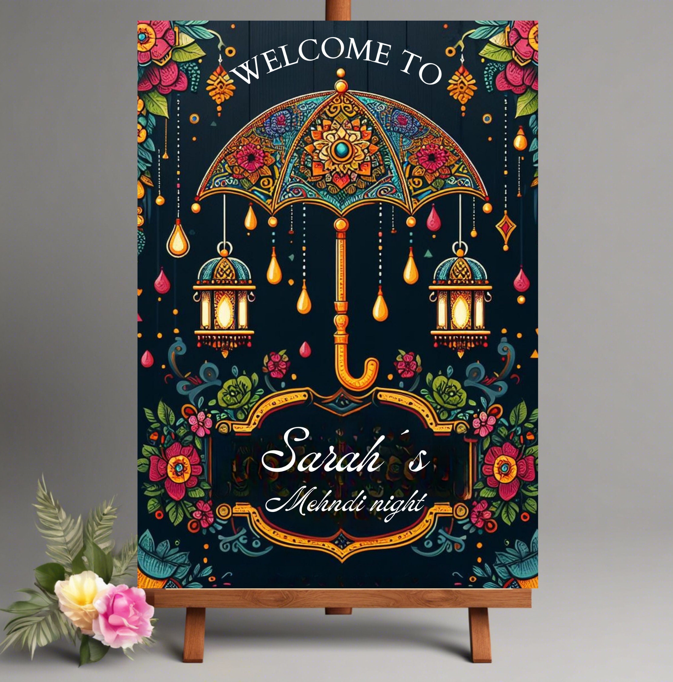 Floral Mehndi Welcome Sign Umbrella and Lanterns as Mehndi Decor ...