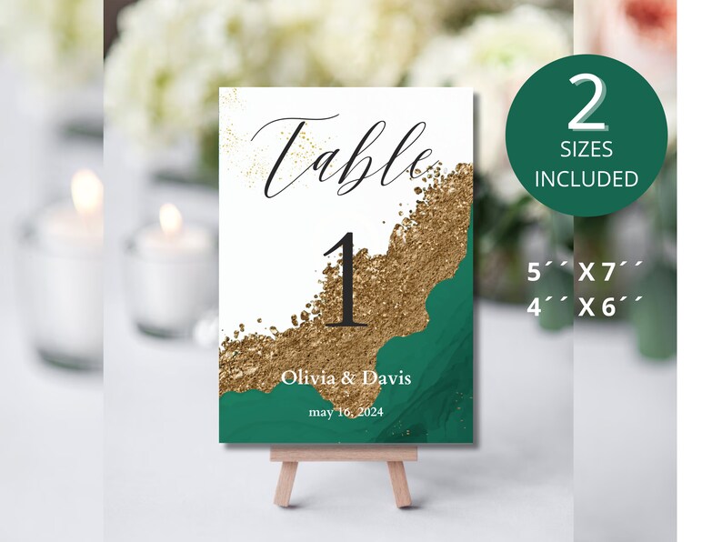 Emerald and Gold Wedding Table Number Cards, Printed Table Number Signs ...