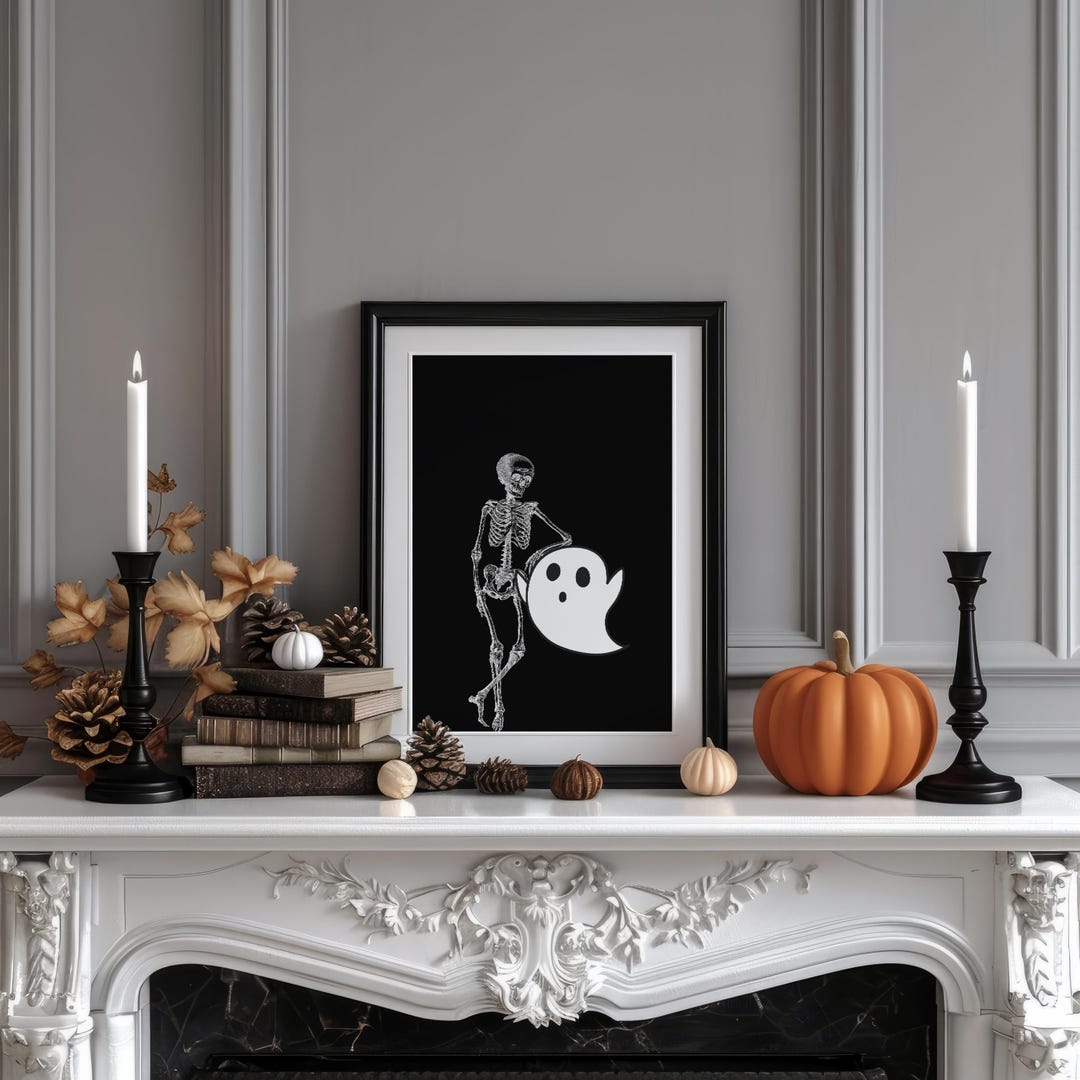 Skeleton and Ghost Digital Art Funny Printable Halloween Decor for Cozy ...