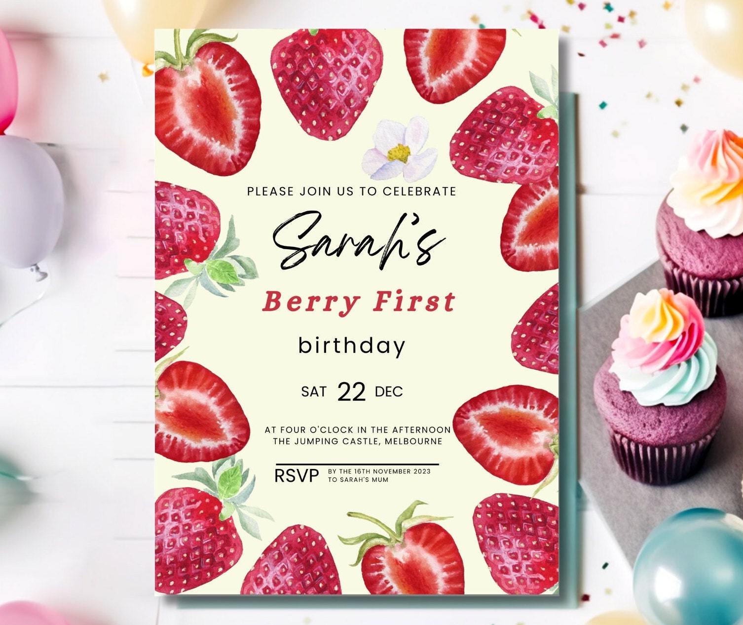 EDITABLE Berry Party Invitation, Personalized Invite for Birthday ...