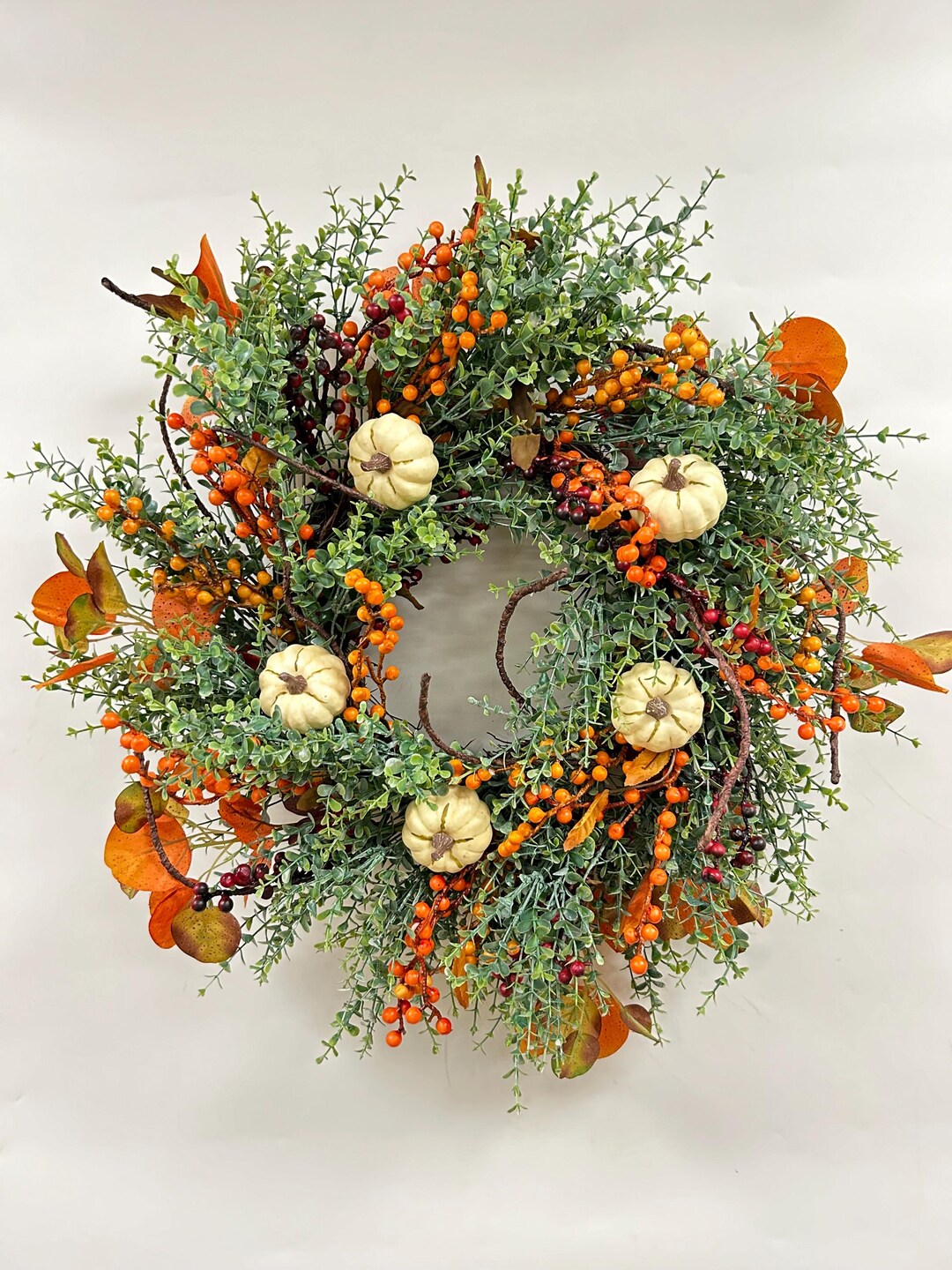 Handmade Fall Harvest Wreath: Pumpkins, Berries & Foliage, 20” - Etsy
