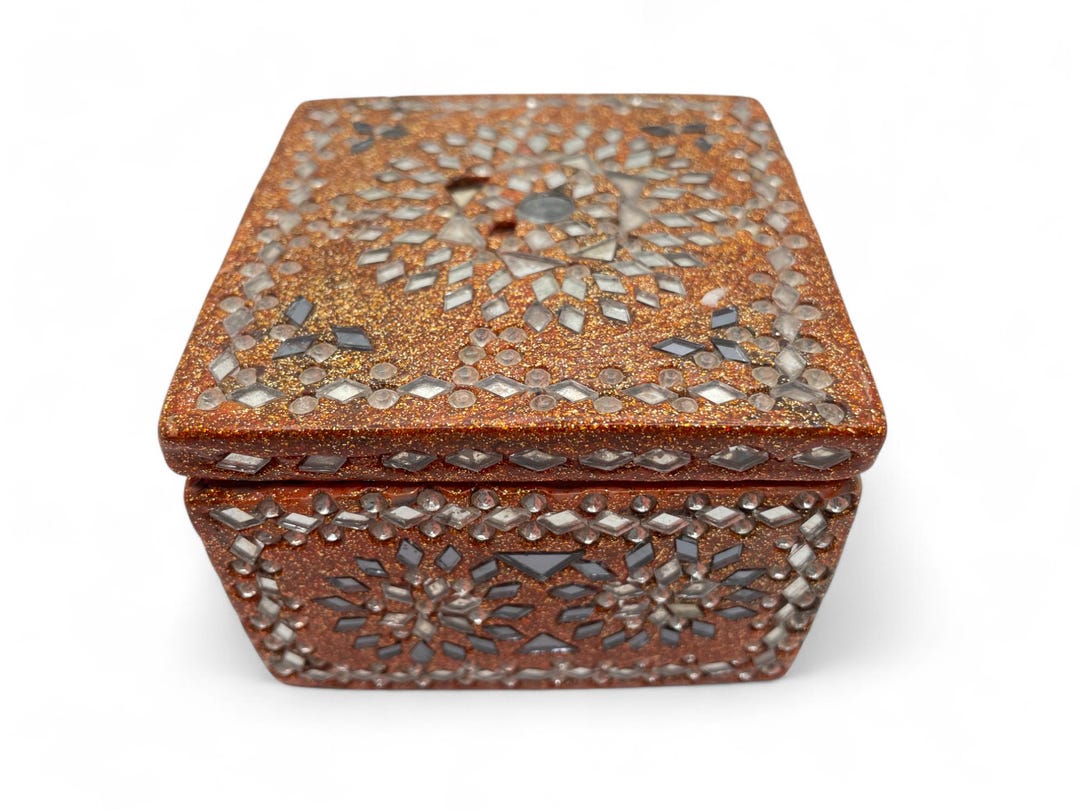 Vintage Gold Lac Mirror Work Mosaic Trinket Box Lidded Handmade ...