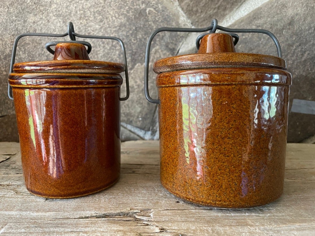 Vintage Set of Two (2) Small Butter/cheese Crocks W Locking Lid Rustic ...