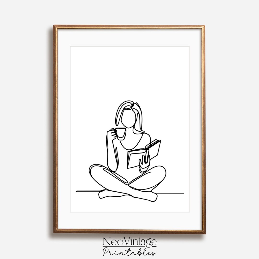 Peaceful Reading Line Art Printable, Modern Minimalist Decor Coffee and ...