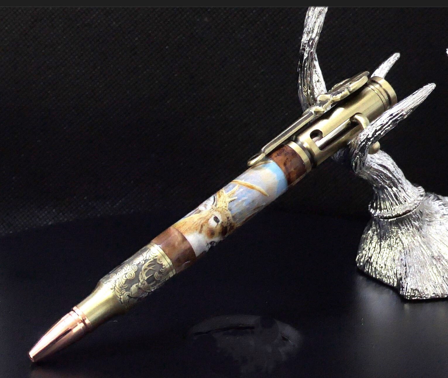 Deer Hunter Bolt Action Label Cast Pen With Segments of Burl Wood ...