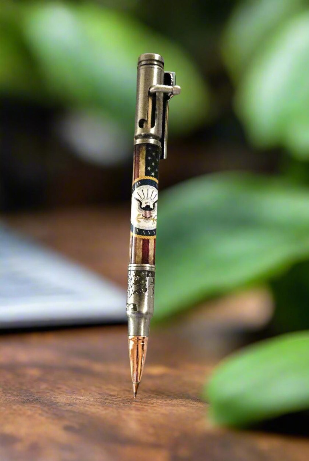 Navy Crest Label Cast Antiqued American Flag Pen - Antiqued Pewter Bolt ...