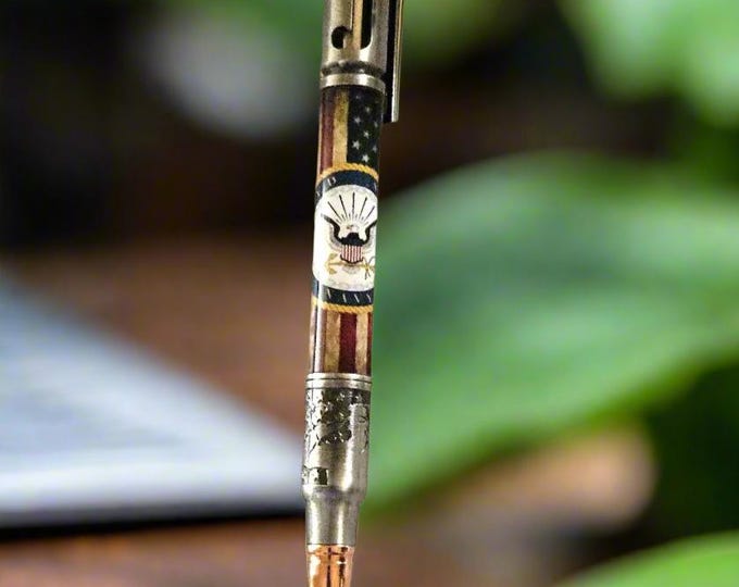 Navy Crest Label Cast Antiqued American Flag Pen - Antiqued Pewter Bolt ...