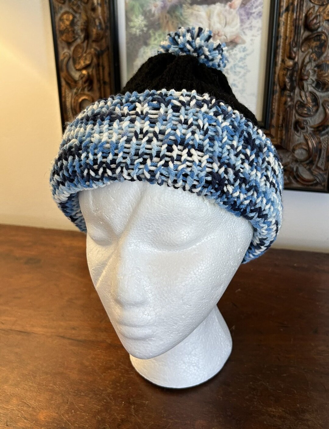 Toboggan Designed With Black, Blue and White Variegated Yarns Plus a ...