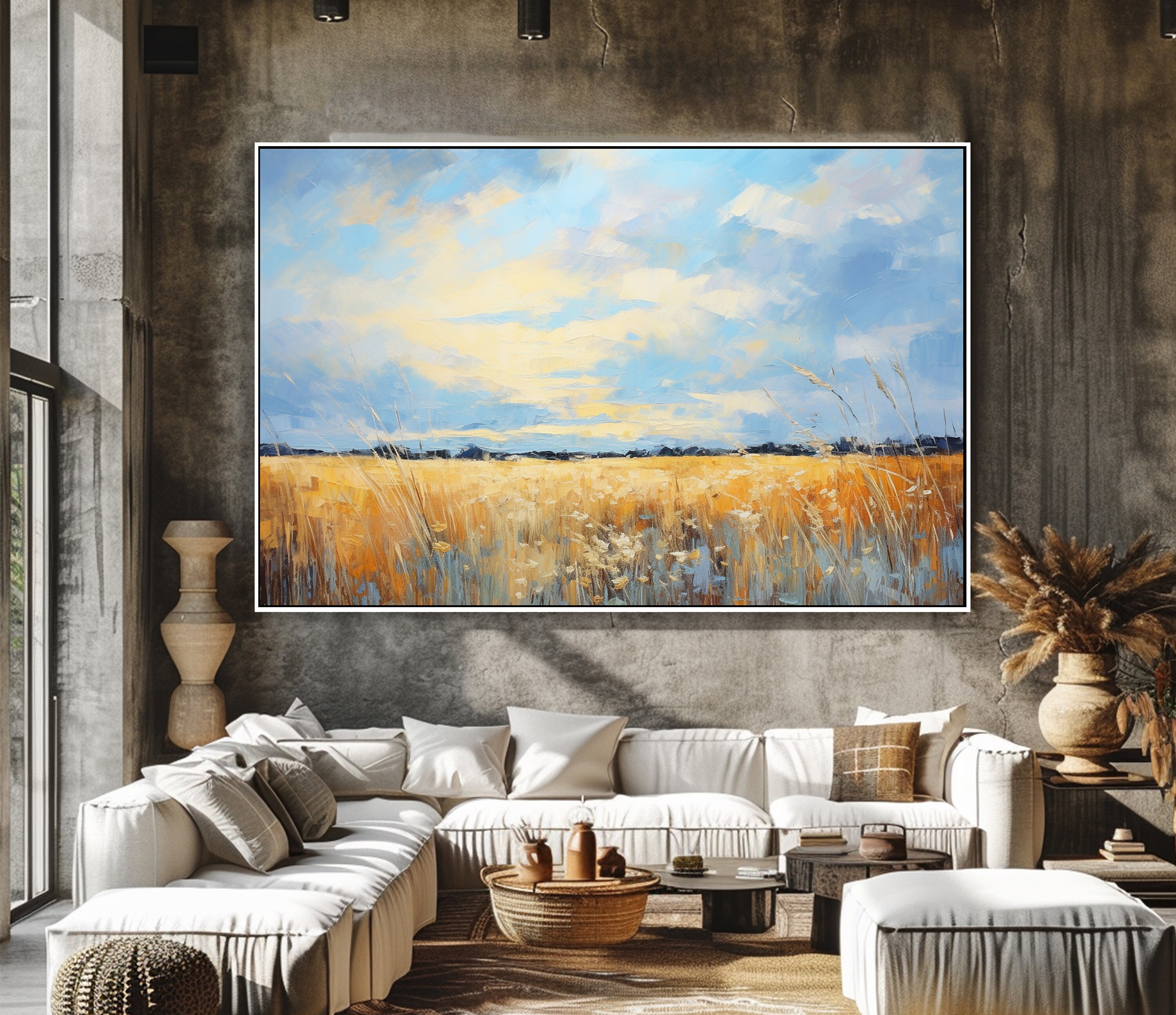 Field, Reeds, Nature Landscape, 100% Hand Painted, Textured Painting ...