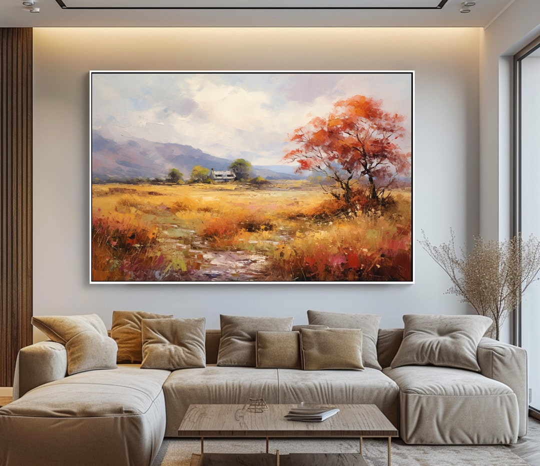 100% Hand Painted, Textured House in Field Scenery Painting, Acrylic ...