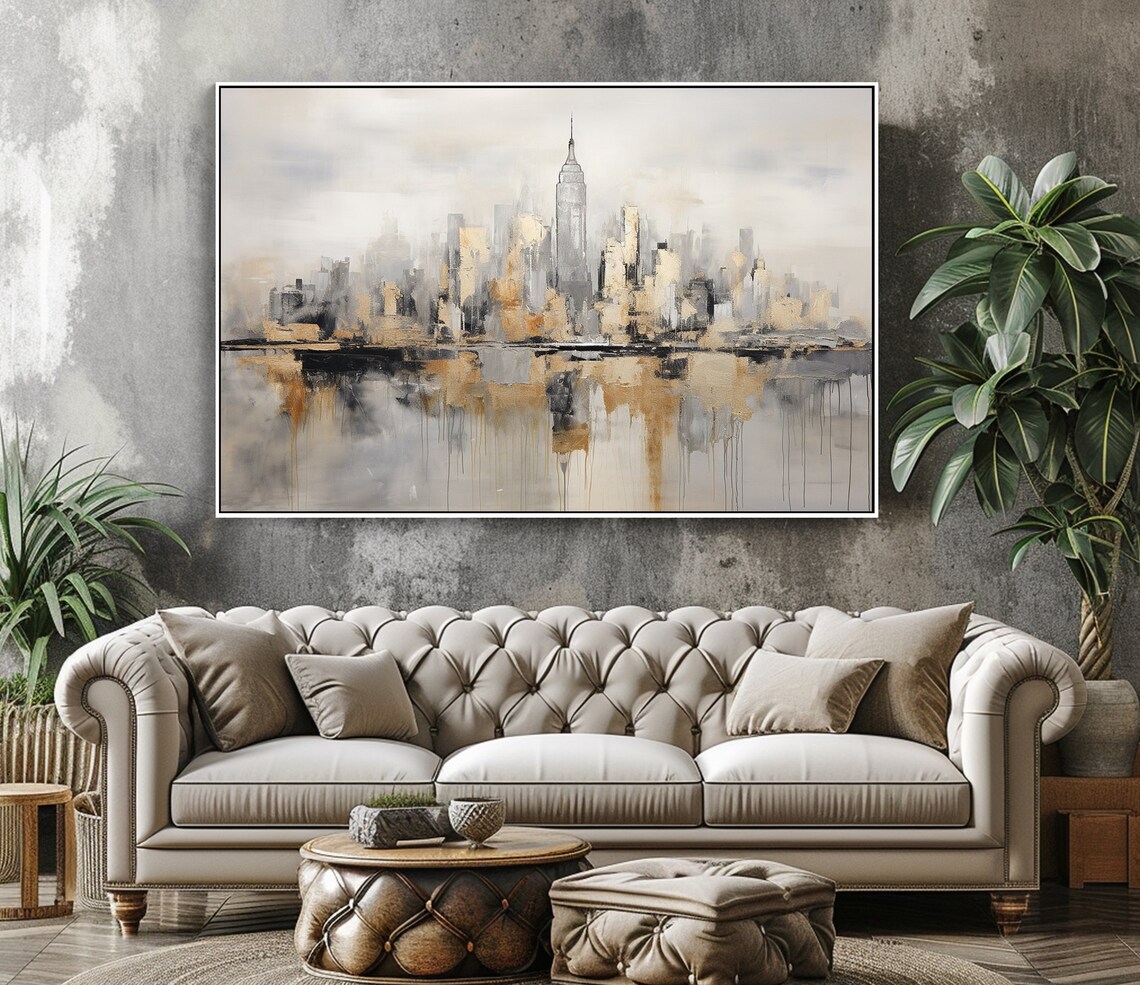 New York Abstract Cityscape, Beige and Gray Tones 100% Hand Painted ...
