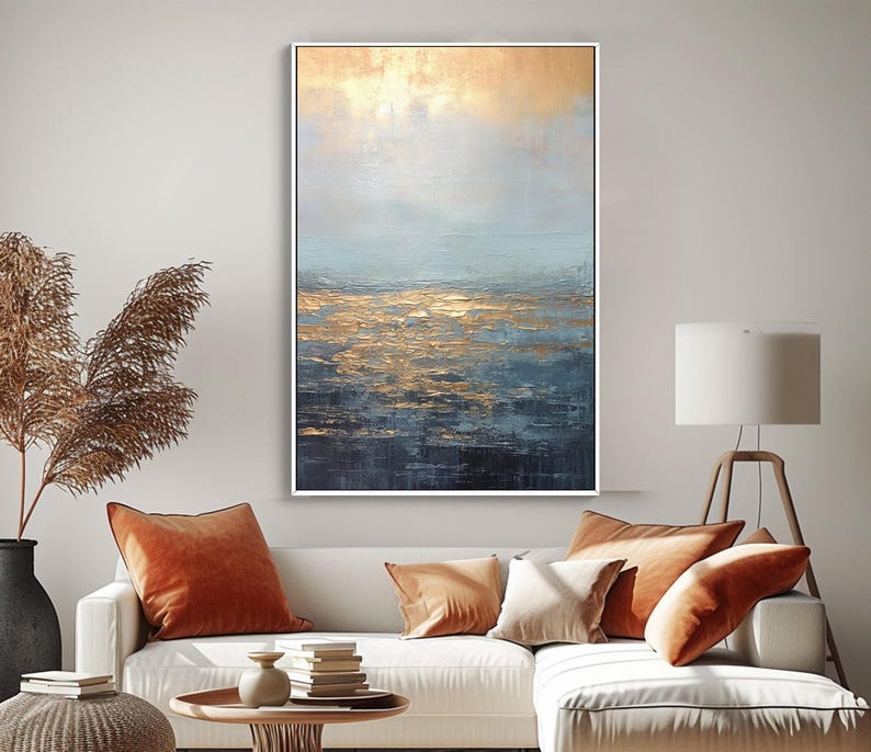 Textured Ocean Sunset Painting: Gold & Blue Abstract Seascape - Etsy