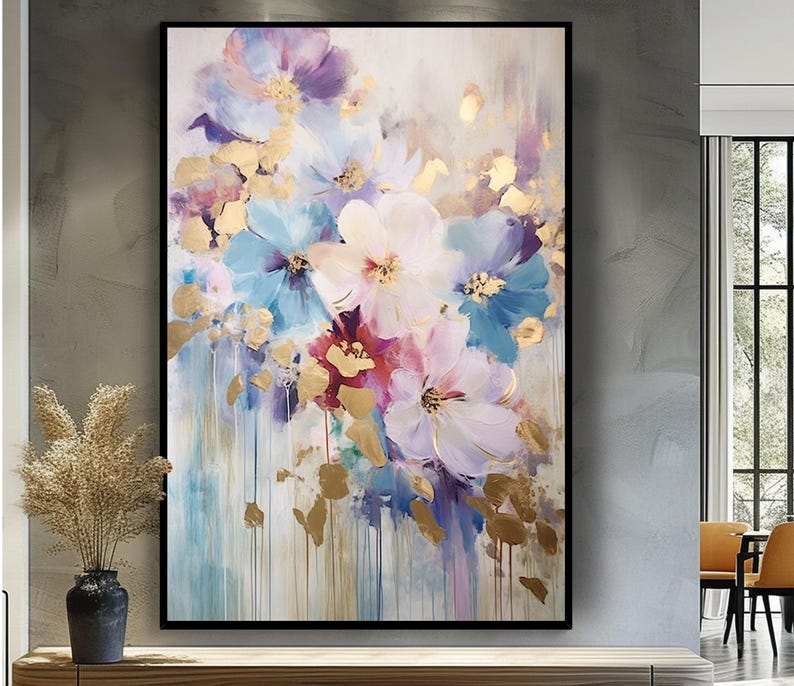 Buy Textured Floral Oil Painting: Abstract Gold Accent Wall Art Online ...