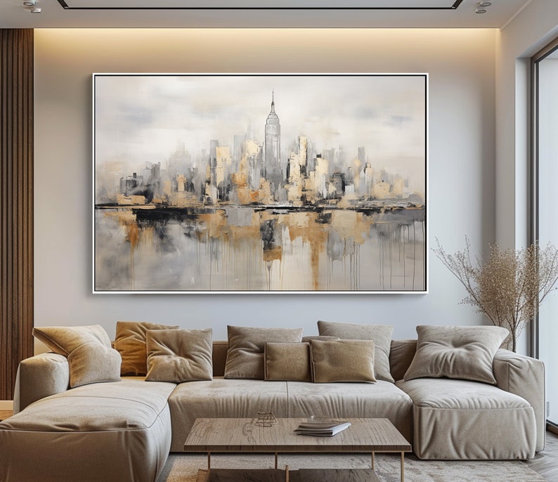 New York Abstract Cityscape, Beige and Gray Tones 100% Hand Painted ...
