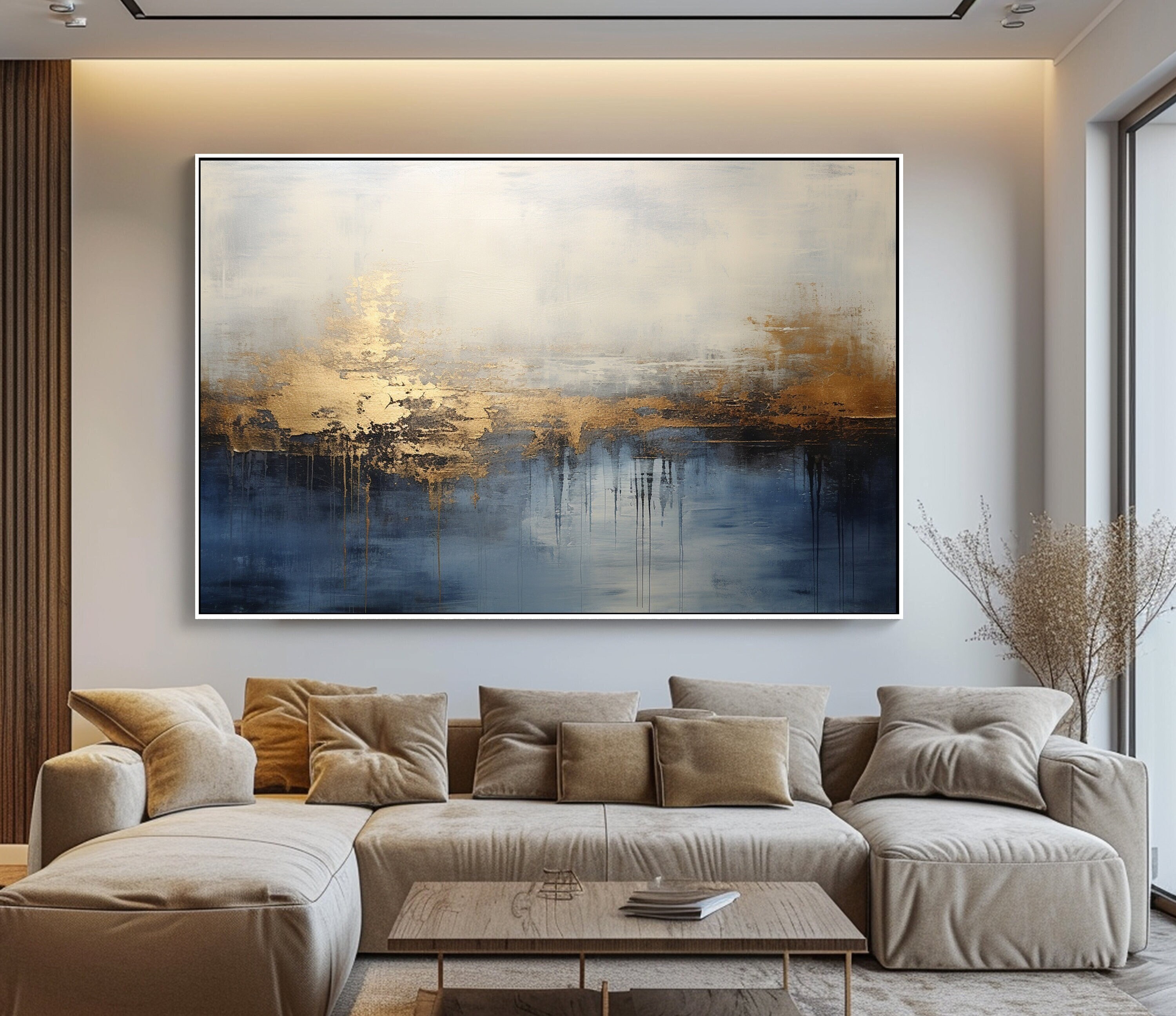 Beige, Gold, Navy Blue, Sea, 100% Hand Painted, Textured Painting ...