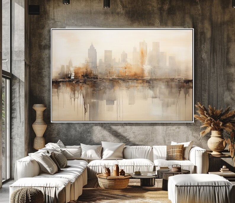 New York Abstract Cityscape, Beige and White, 100% Hand Painted ...