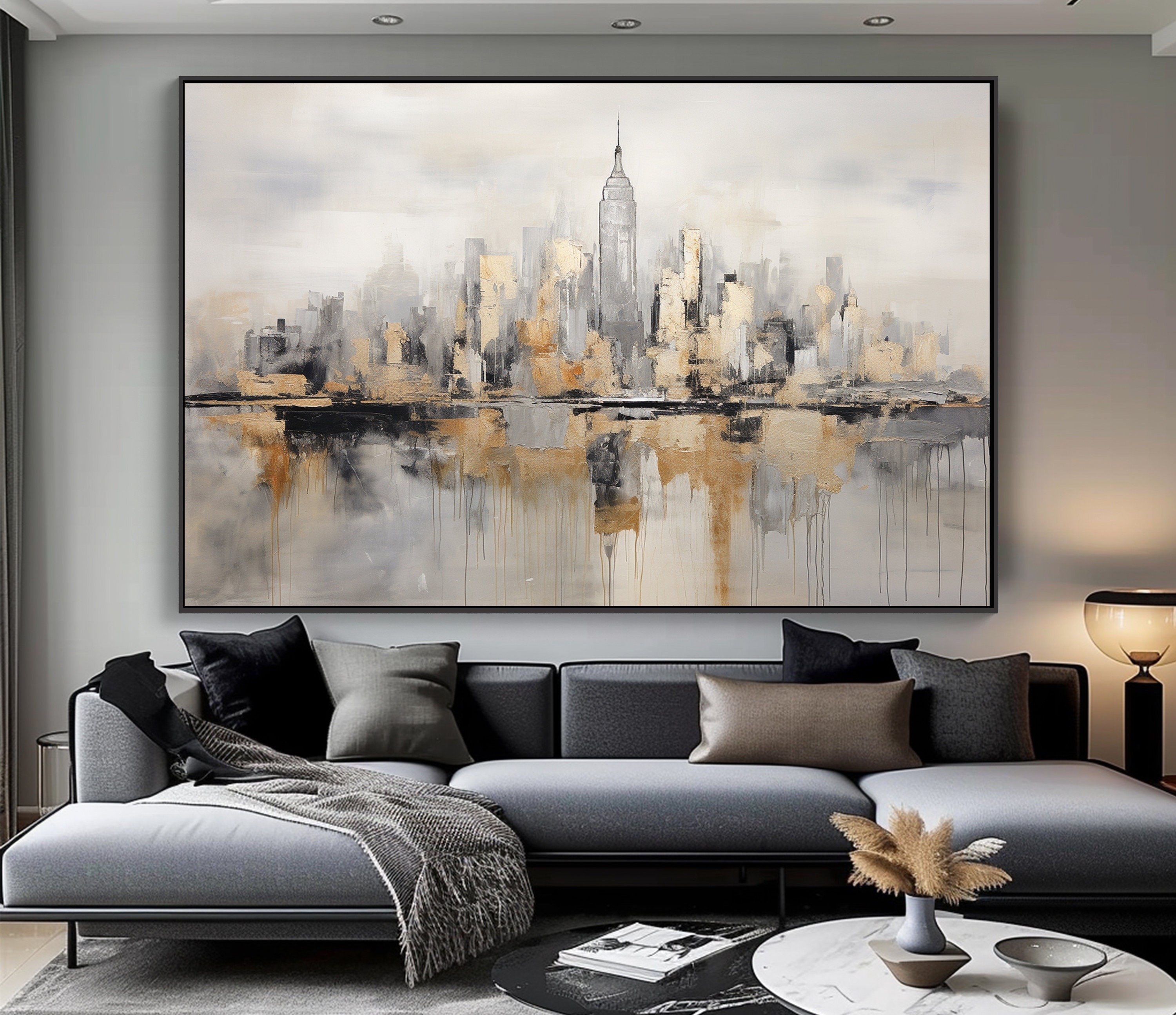 New York Abstract Cityscape, Beige and Gray Tones 100% Hand Painted ...