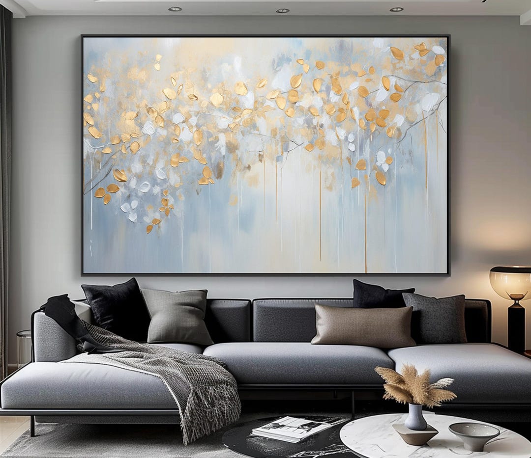 Hand-painted Gold Leaf Tree Branch Painting: Abstract Textured Acrylic ...