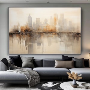 New York Abstract Cityscape, Beige and White, 100% Hand Painted ...