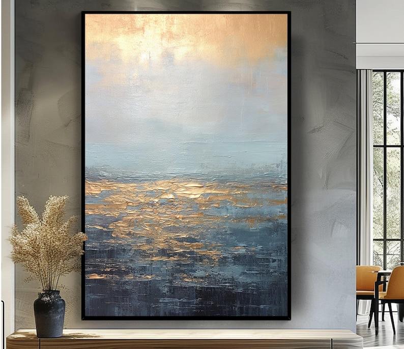Textured Ocean Sunset Painting: Gold & Blue Abstract Seascape - Etsy