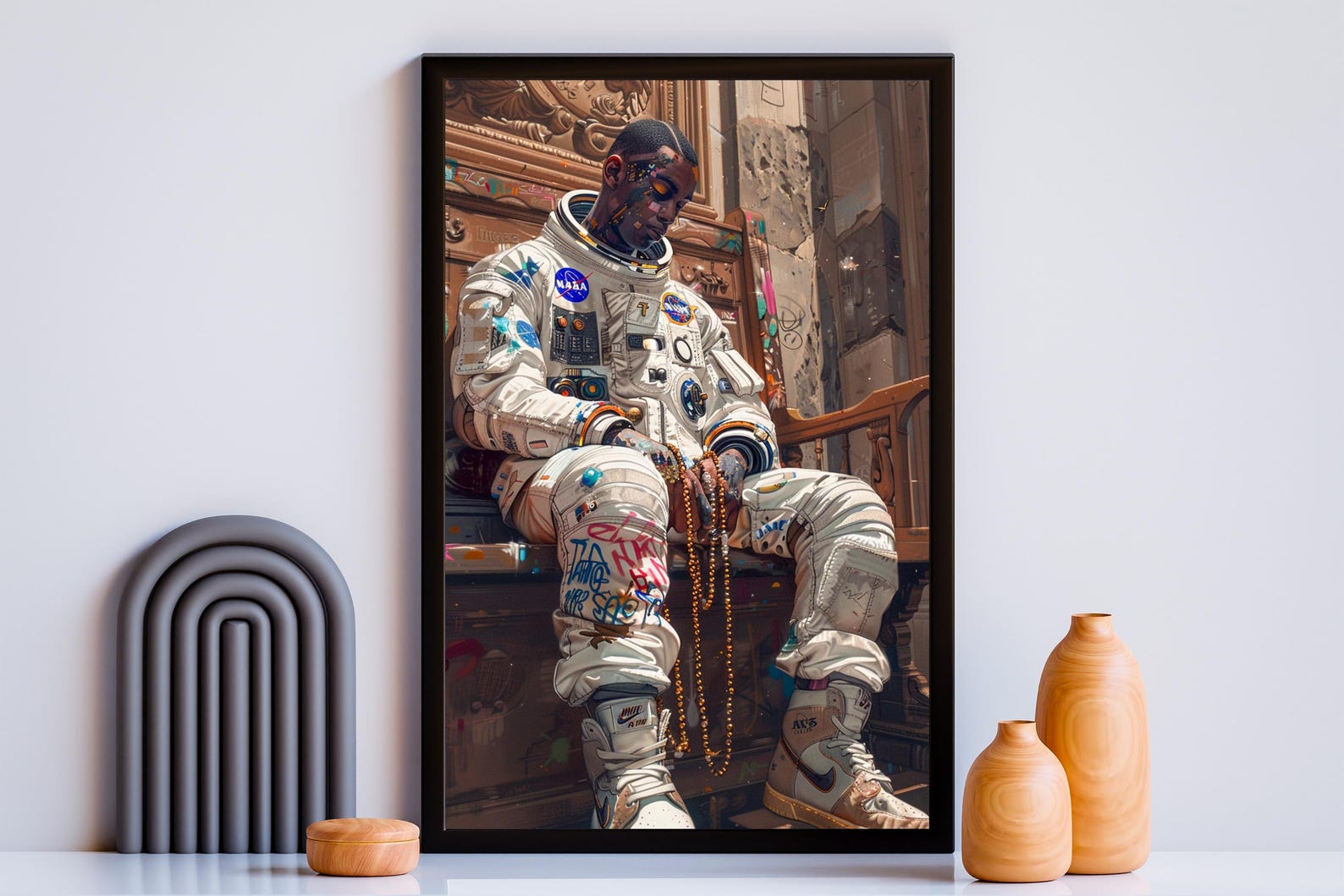Praying Black Graffiti Spaceman, Urban Astronaut Digital Print, Sci-fi ...
