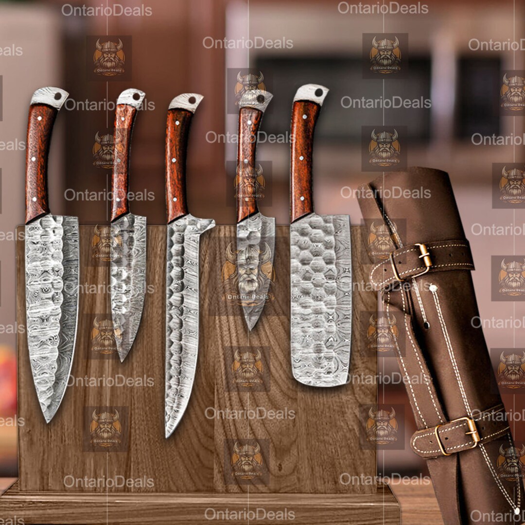 Damascus Pattern Kitchen Knife Set, BBQ Knives With Wooden Handles ...
