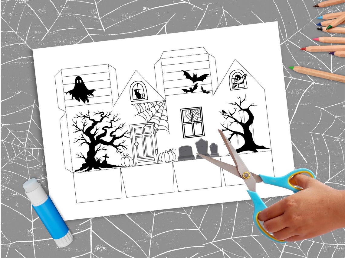 Halloween Haunted House Paper Coloring Craft Template | Printable ...