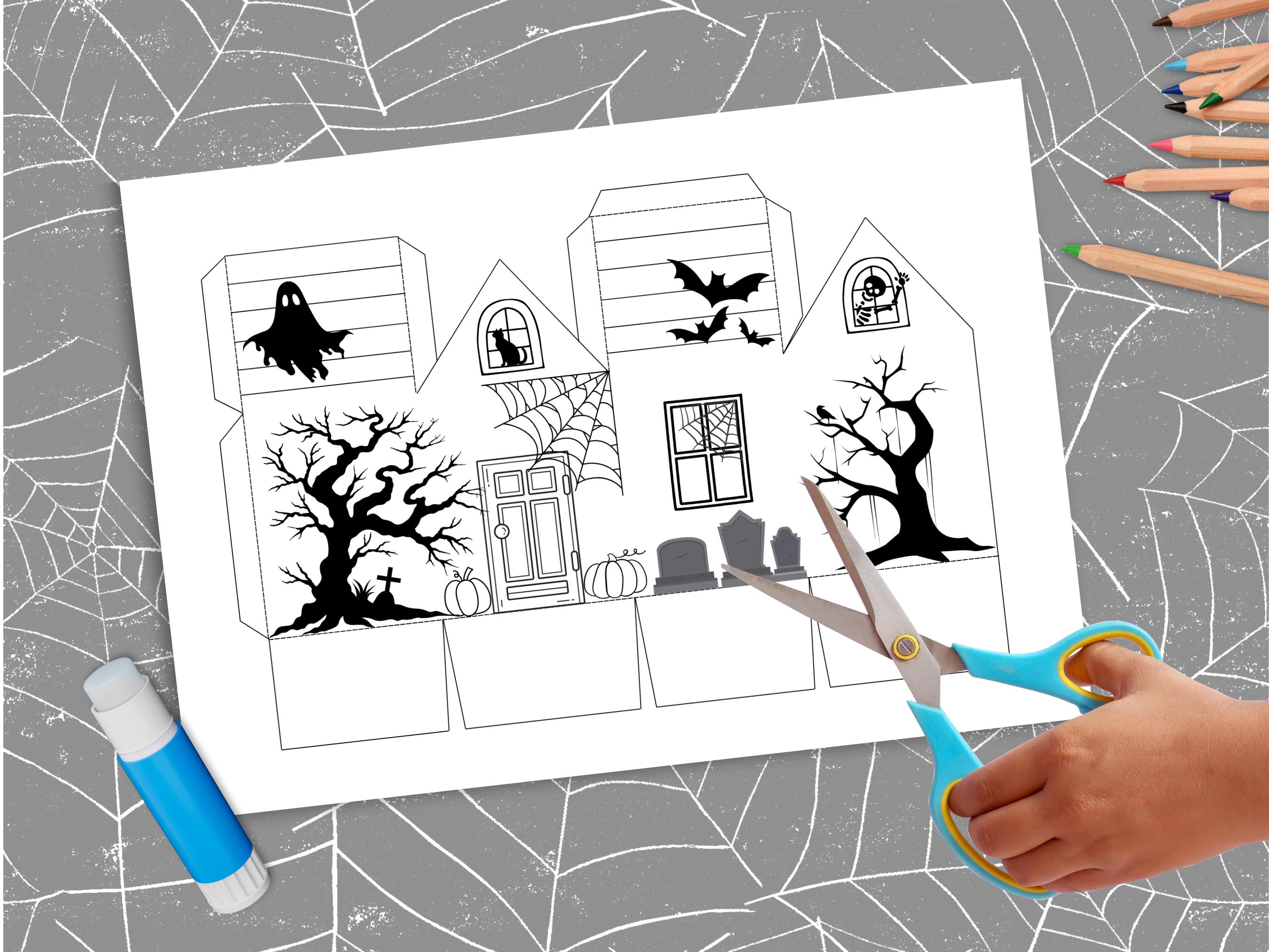 Halloween Haunted House Paper Coloring Craft Template | Printable ...