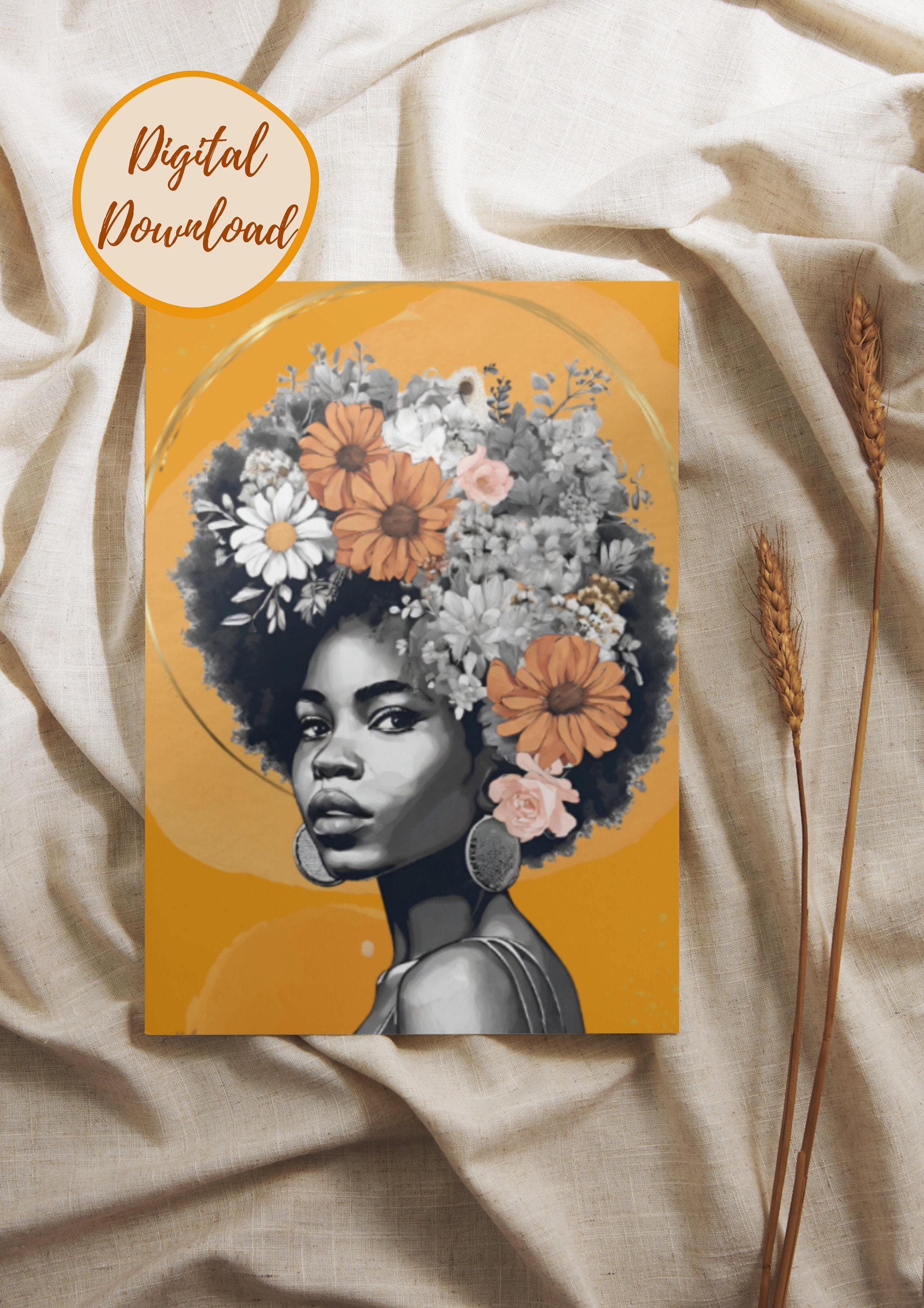 Black Woman Art, Black Art, Woman and Flower, Digital Art, INSTANT DOWNLOAD, Flower Art, Afro ...