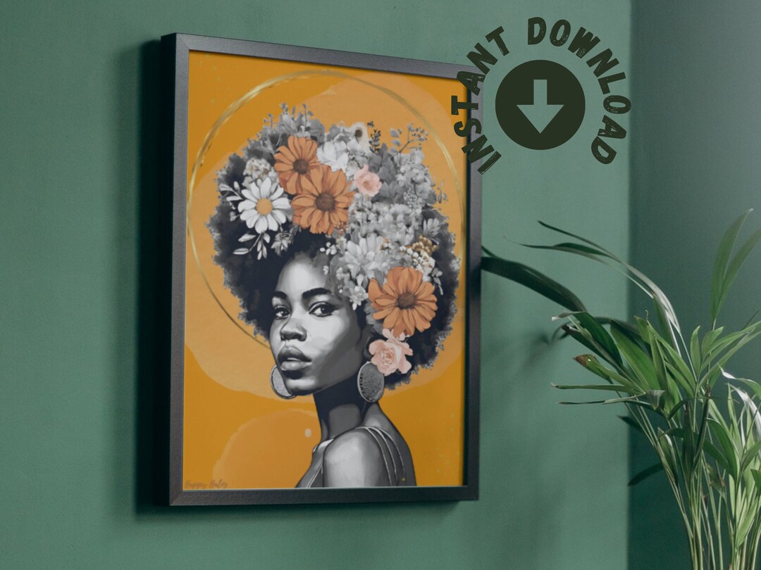 Black Woman Art, Black Art, Woman and Flower, Digital Art, INSTANT DOWNLOAD, Flower Art, Afro ...