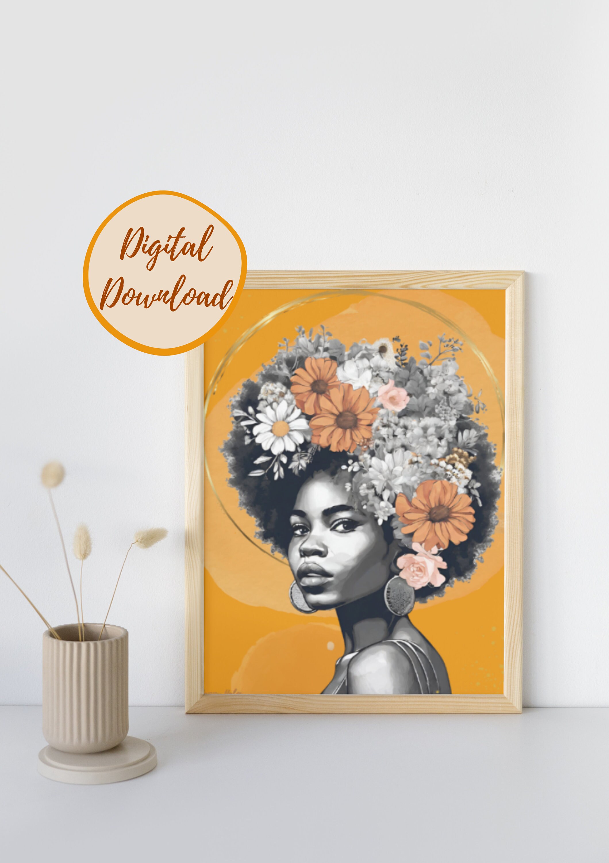 Black Woman Art, Black Art, Woman and Flower, Digital Art, INSTANT DOWNLOAD, Flower Art, Afro ...