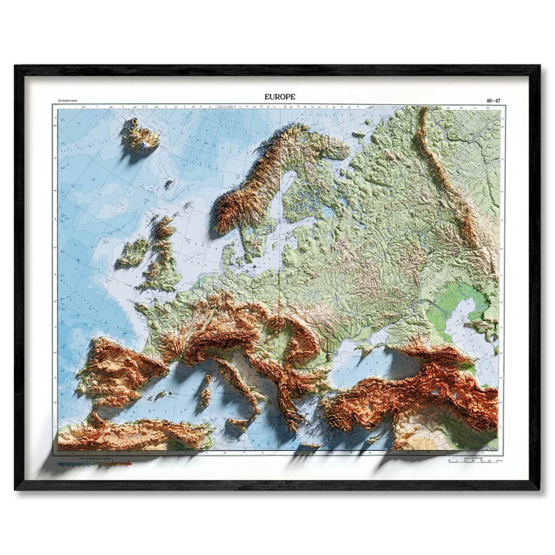 Europe Shaded Relief Map framed - Etsy UK