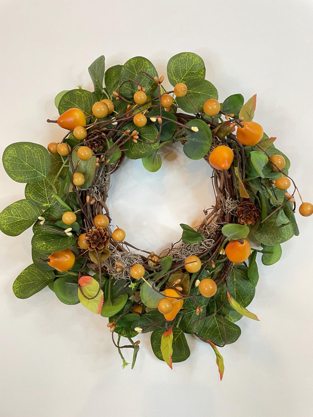 MINI Fall Wreath With Gold and Orange Pears, Eucalyptus and Dichondra ...