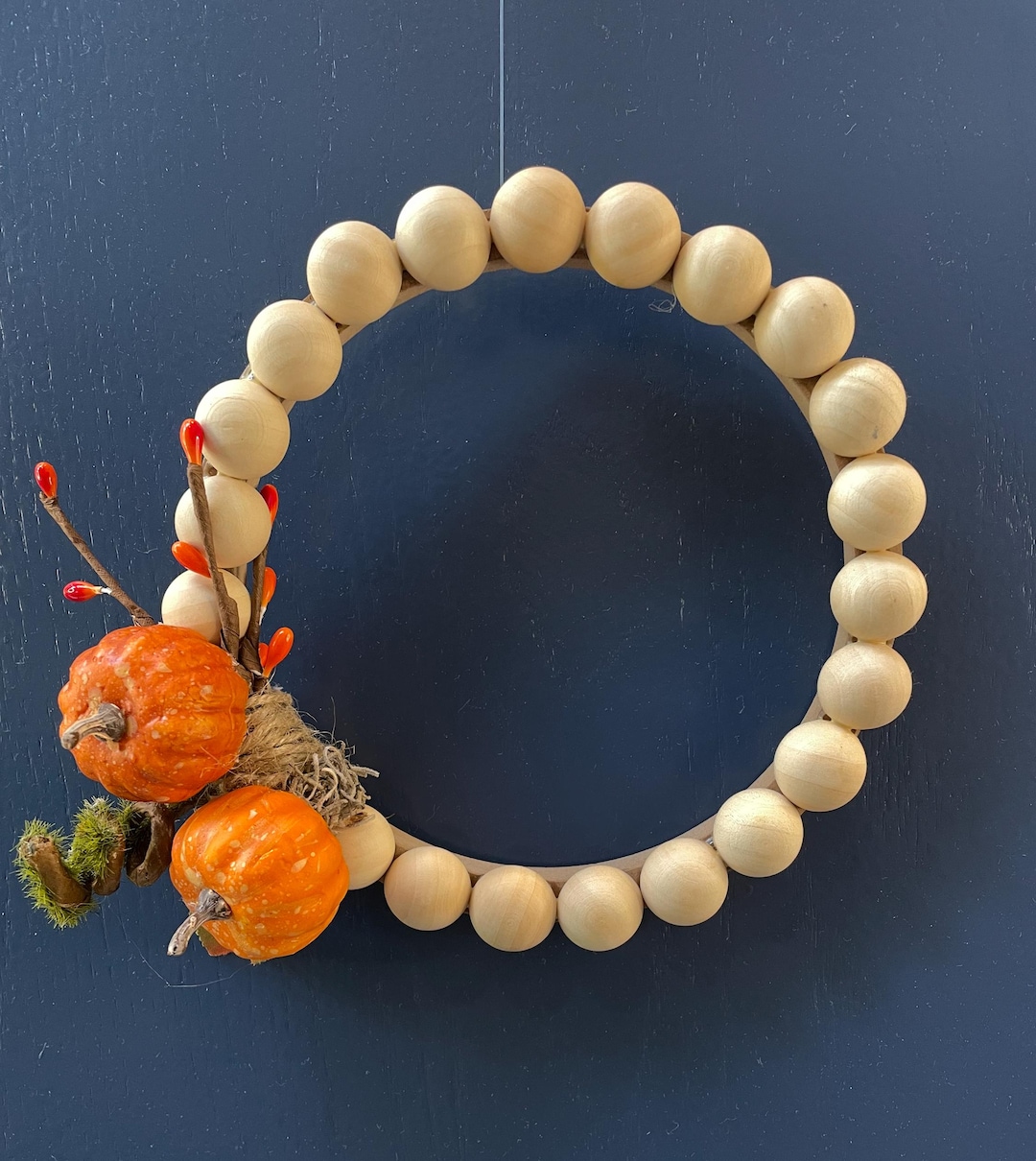 Small Natural Wood Split Bead Wreath With Pumpkins, Leaves and Pip ...