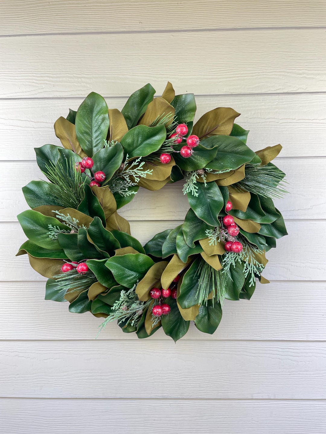 Christmas Winter Magnolia Leaf Wreath With Long Needle Pine and Cedar ...