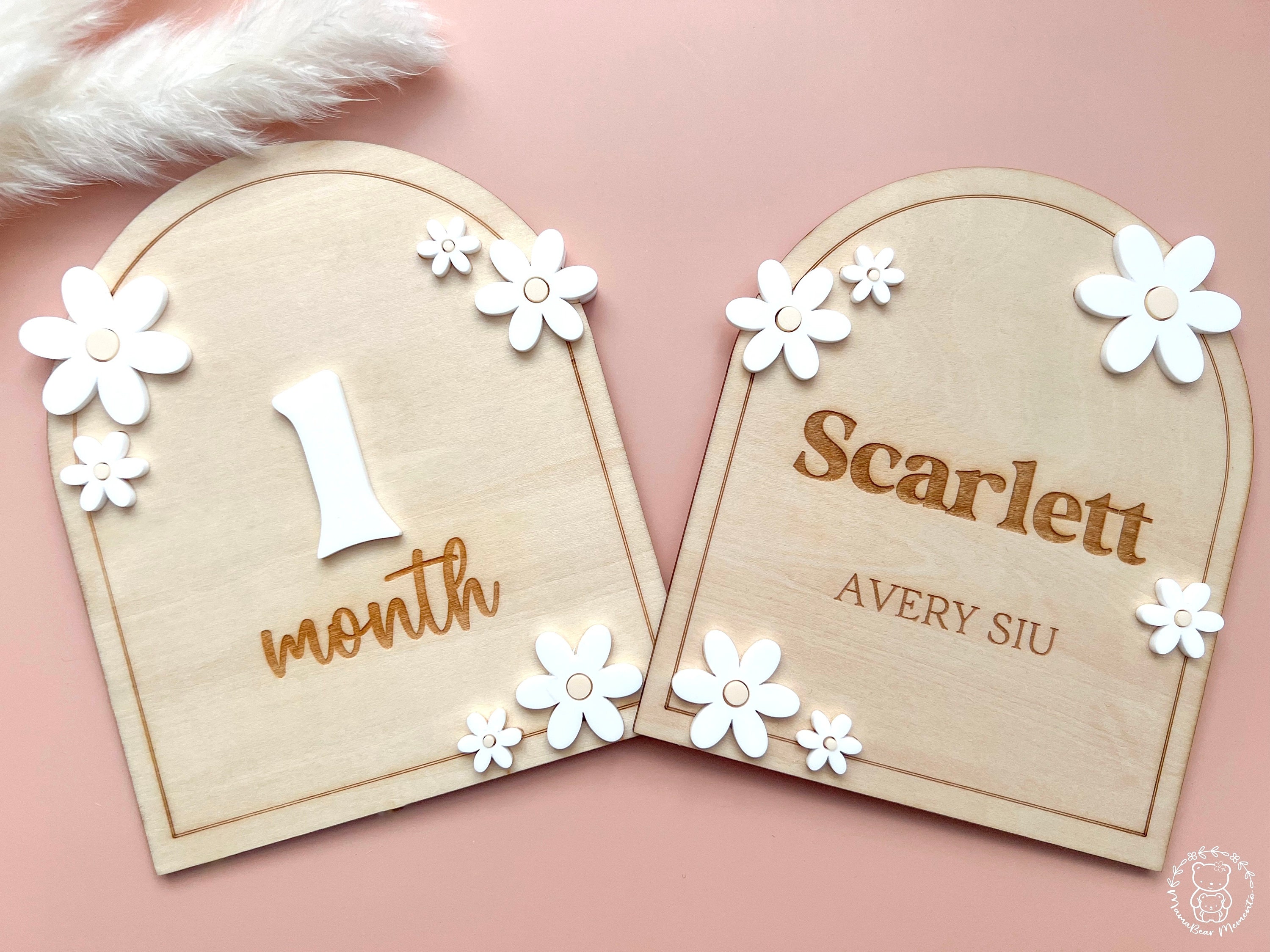 Wooden Daisy Flower Arched Monthly Milestone Card | Personalized Name ...