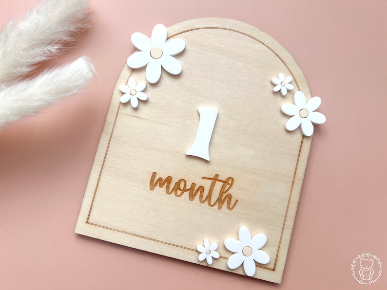 Wooden Daisy Flower Arched Monthly Milestone Card Personalized Name ...